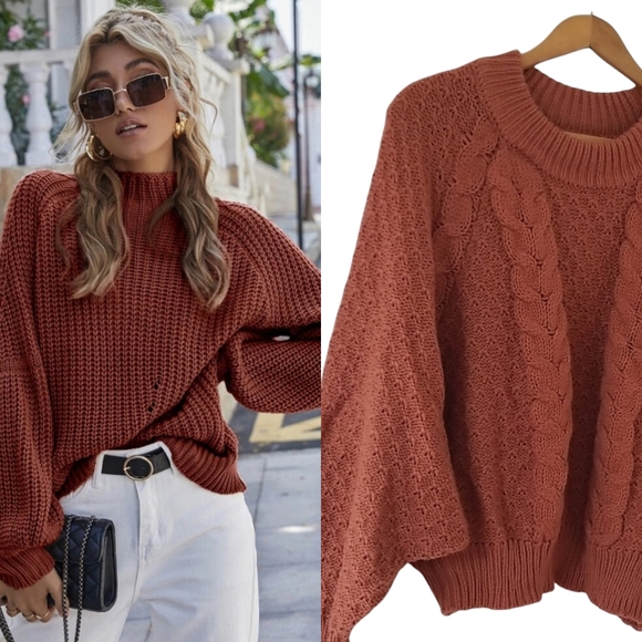Moodtherapy | Sweaters | Moon Madison Rust Brown Chunky Cable Knit Mock ...